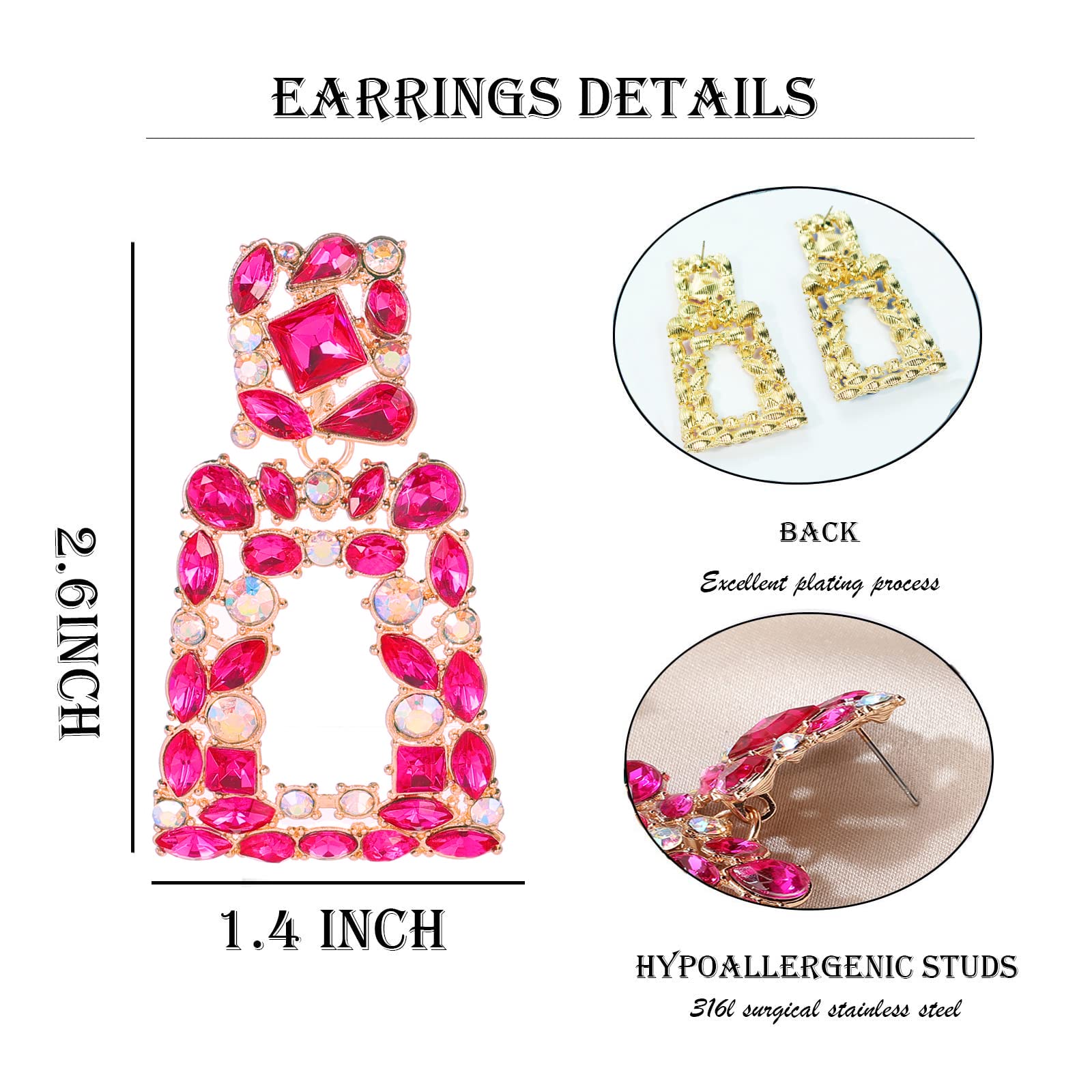 Hot Pink Rhinestone Rectangle Dangle Earrings Trendy Sparkly Crystal Geometric Drop Statement Earrings hypoallergenic for Women