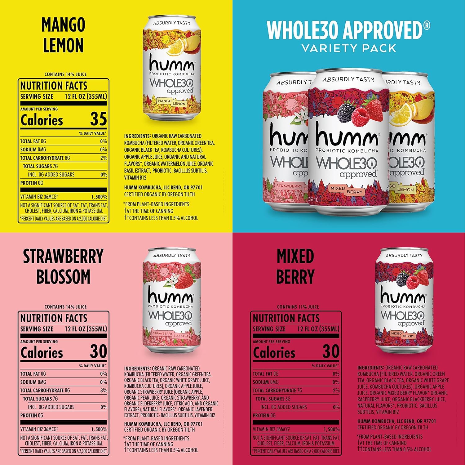 Humm Whole30 Approved Kombucha Variety Pack - Mango Lemon, Mixed Berry, Strawberry Blossom - Organic, Vegan & GMO-Free (12 Pack)