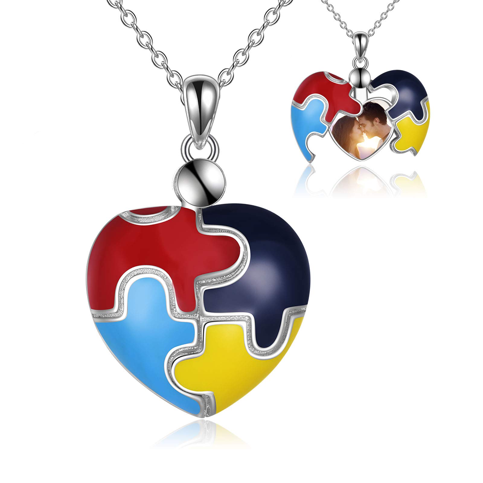 EXRANQO Personalized Autism Awareness Locket Necklace Sterling Silver Autism Awareness Colorful Puzzle Piece Photo Necklace That Holds Pictures Motivational Autism Healing Gifts