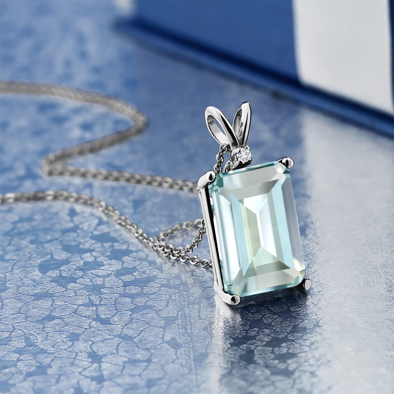 Gem Stone King 925 Sterling Silver Gemstone Birthstone and White Diamond Necklace | Emerald Cut 14X10MM Pendant Necklace for Women | With 18 Inch Silver Chain