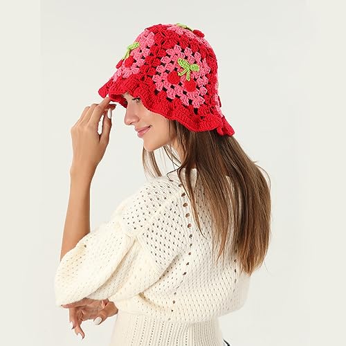 Fiewmay Crochet Bucket Hat for Women Handmade Floral Hat Portable Knitted Elastic Cute Beach Hat for Vacation Traveling(Cherry Red)