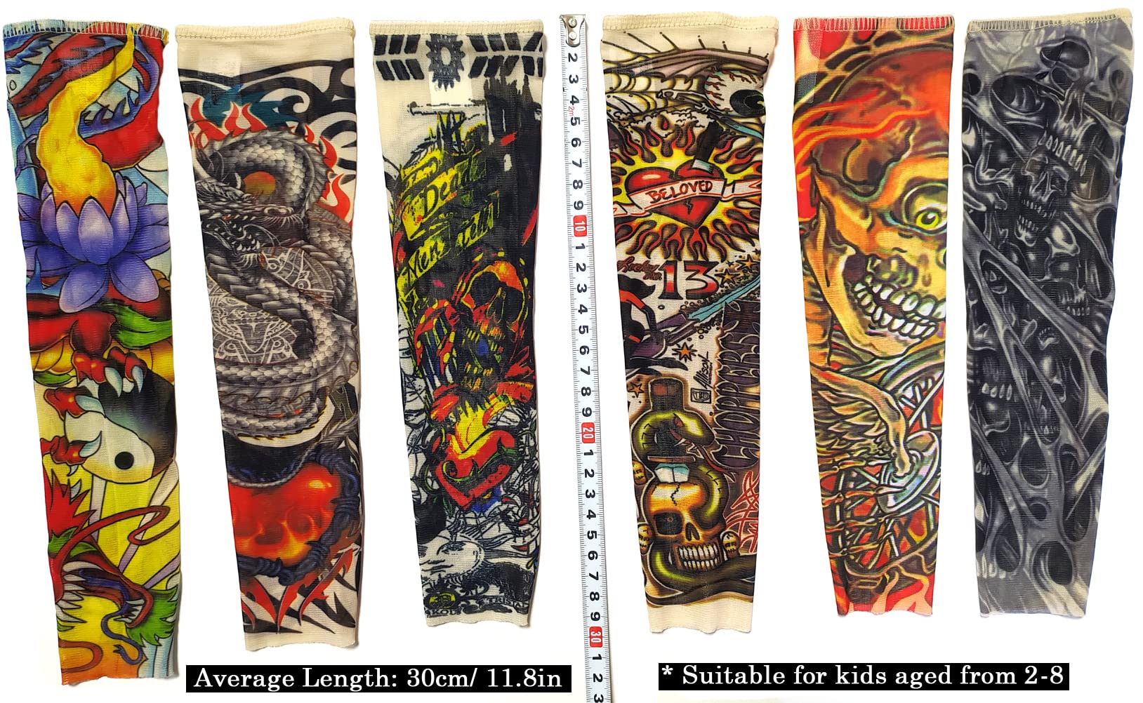 iToolai Temporary Tattoo Sleeves for Kids, Fake Slip On Arm Sunscreen Sleeves, 6pcs - Eagle,Skull,Dragon,Clown, Snake,etc