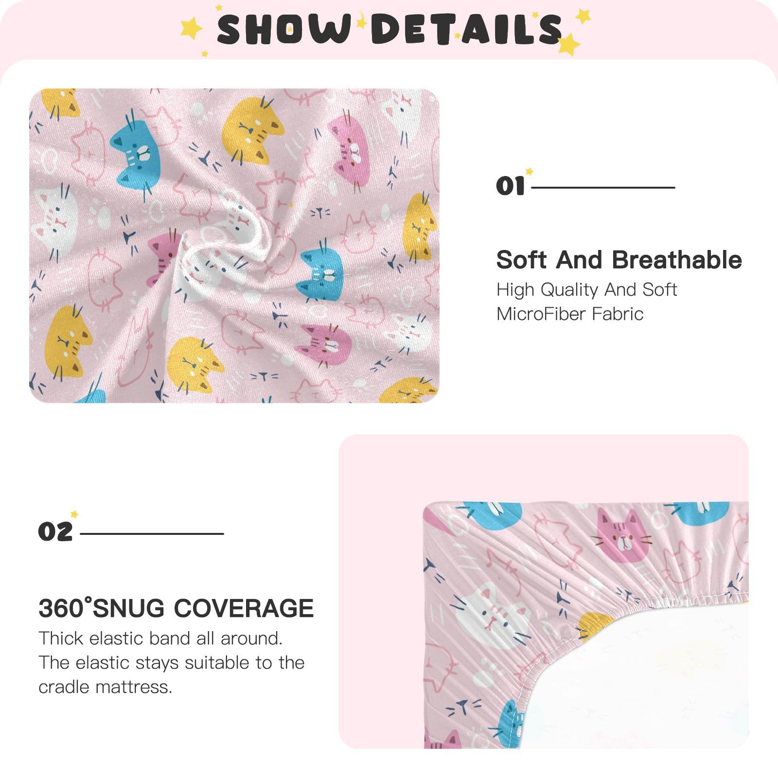 Kigai Cartoon Cat Face Pink Crib Sheets for Boys Girls, Soft and Breathable Pack n Play Sheets, Portable Mini Stretchy Cribs Sheets, 39x27 Inch