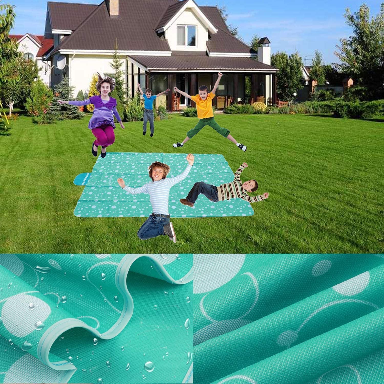 FUMISO Picnic Blanket, 80''x59'' Extra Large Beach Blanket, Waterproof & Sand-Free Mat for 4-6 Adults' Camping, Hiking & Picnics (Blue, Bubble)