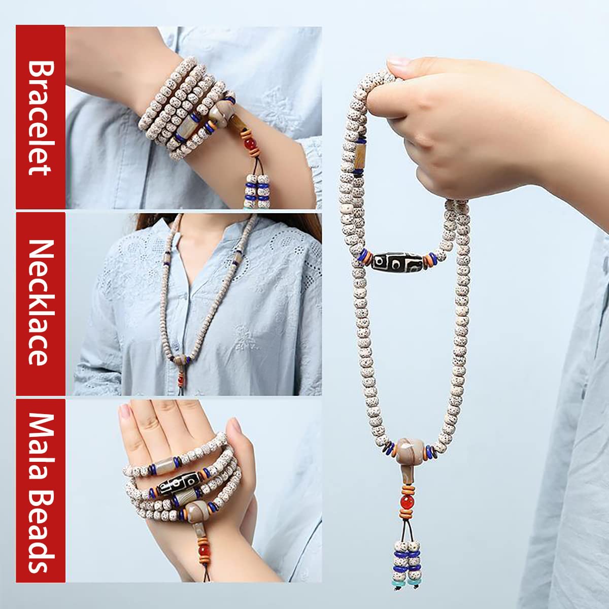 FAZOVIN Handmade 108 Bodhi Seeds Mala Beads Tibetan Buddhist Prayer Beads Bracelet for Women with Black Dzi Bead