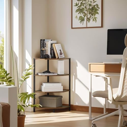 VECELO Corner Shelf, 4-Tier Display Shelves, Wood Storage Stand with Metal Frame, Multipurpose Shelving Unit for Small Space, Home Office, Rustic Brown
