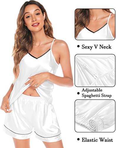 SWOMOG Womens Silk Satin Pajamas Set Three-piece Pj Sets Sleepwear Loungewear Button-Down Pj Sets White