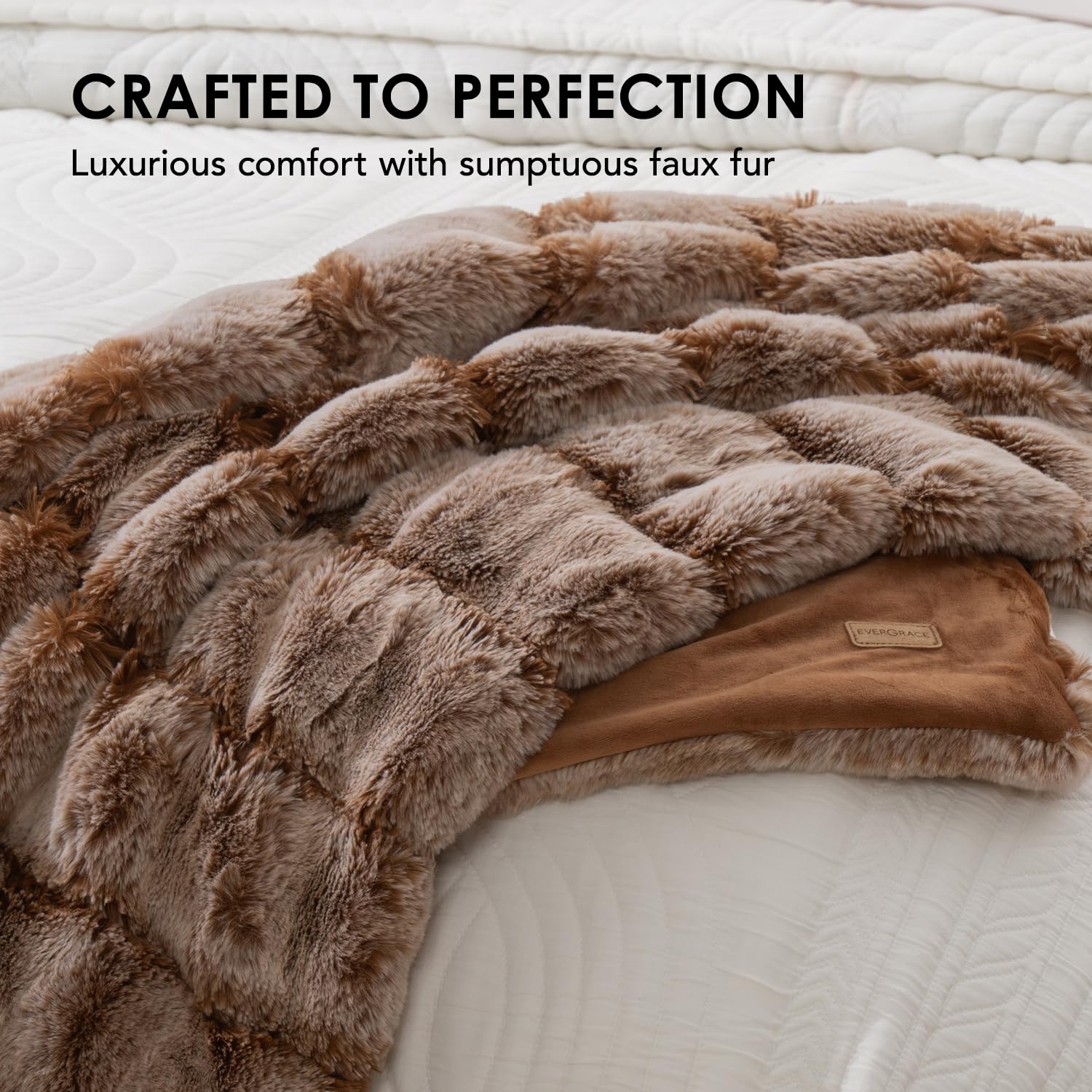 EVERGRACE Soft Rabbit Faux Fur Throw Blanket for Couch Bed, Luxury Cozy Fluffy Channel Blanket Warm Thick Mink Blanket with Reversible Plush Velvet for Winter, Caramel Brown, 60βx80β