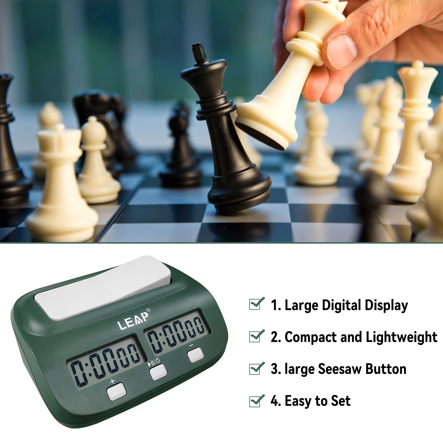 LEAP Digital Chess Clock Timer with Bonus and Delayed Time Features Chess Timer for Chess Game I-GO and Chinese Chess (Blackish Green)
