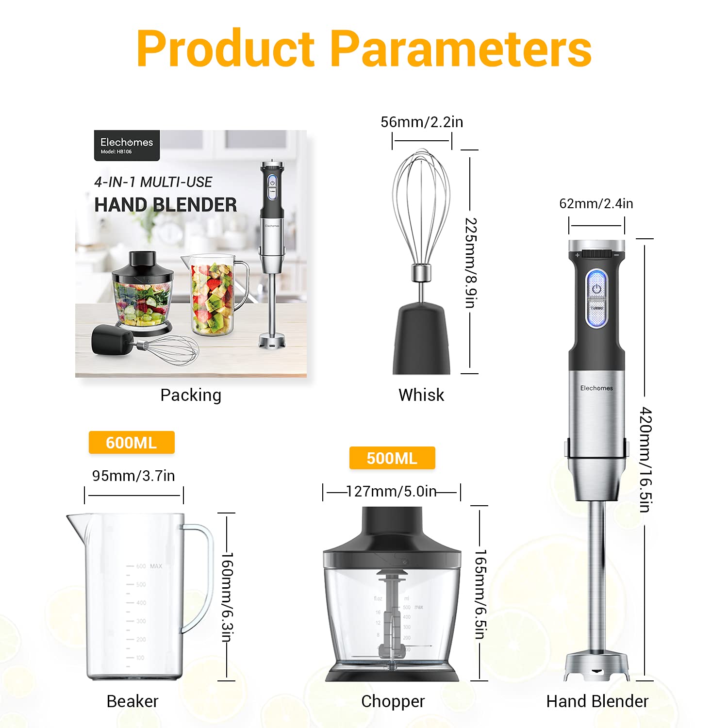 Immersion Blender, Elechomes Hand Blender, 800W Multi-Speed Handheld Blender with Stainless Steel, with 500ML Chopper, 800ML Beaker, Whisk for Smoothie, Baby Food, Sauces, Puree and Soup