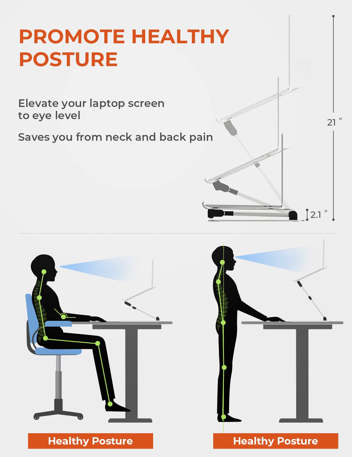 Ergonomic Laptop Stand for Desk, Sit to Stand Laptop Riser, Adjustable Height up to 21", Standing Computer Stand, Promote Healthy Posture Compatible with MacBook Air Pro, All Laptops 10-17"-Silver