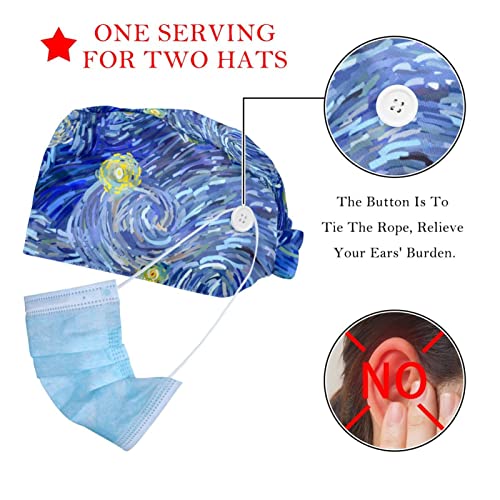 Mersov Bouffant Caps with Button, Surgical Scrub Cap for Men Women, 2 Pieces Blue Starry Sky Space Galaxy Working Hat Tie Back Hat, Medium-3X-Large