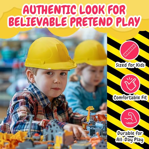 Forest & Twelfth Yellow Construction Hats for Kids, 12 Pack, Engineer Construction Helmet Hats for Dress-Up Parties, Pretend Play, Especially Sized for Kids