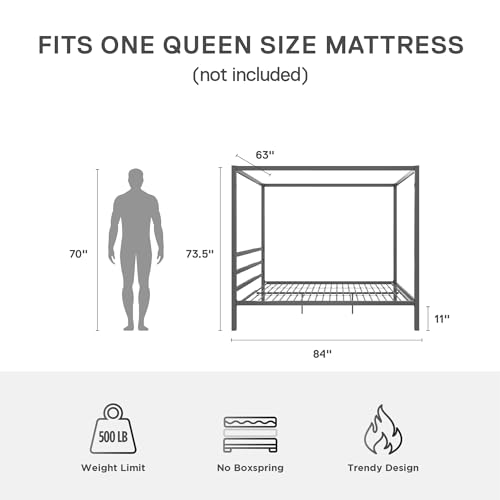 DHP Modern Metal Canopy Platform Bed with Minimalist Headboard and Four Poster Design, Underbed Storage Space, No Box Spring Needed, Queen, Gunmetal Gray