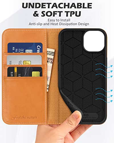 SHIELDON Case for iPhone 13 5G, Genuine Leather Durable Flip Wallet Kickstand RFID Blocking Credit Card Holder Magnetic Shockproof Protective Case Compatible with iPhone 13 (6.1" 2021 Release) - Brown