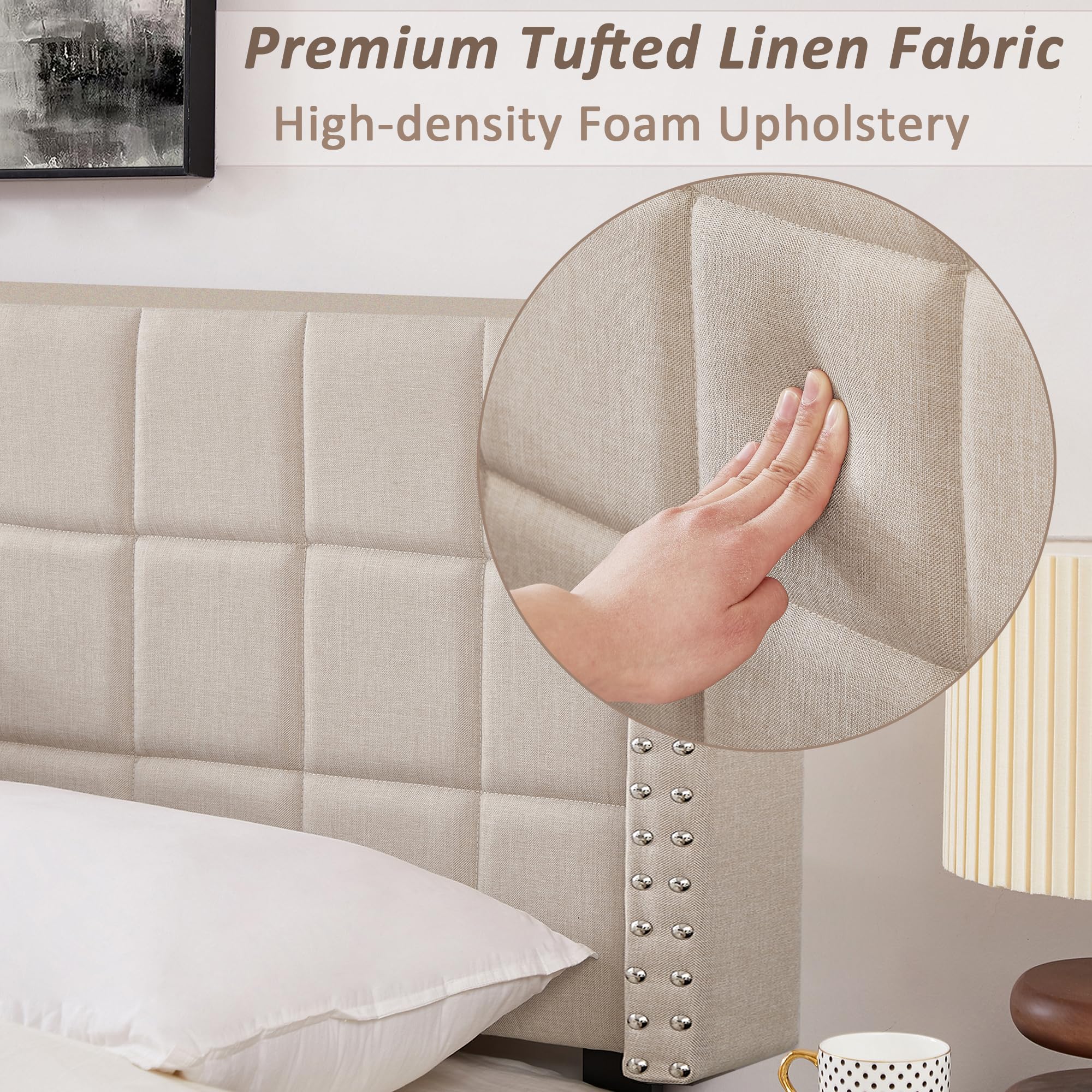 VECELO Linen Upholstered Headboard for King Size Bed, Tufted Nailhead & Double Wingback for Bedroom, 6 Adjustable Position from 40" to 49.8",Beige