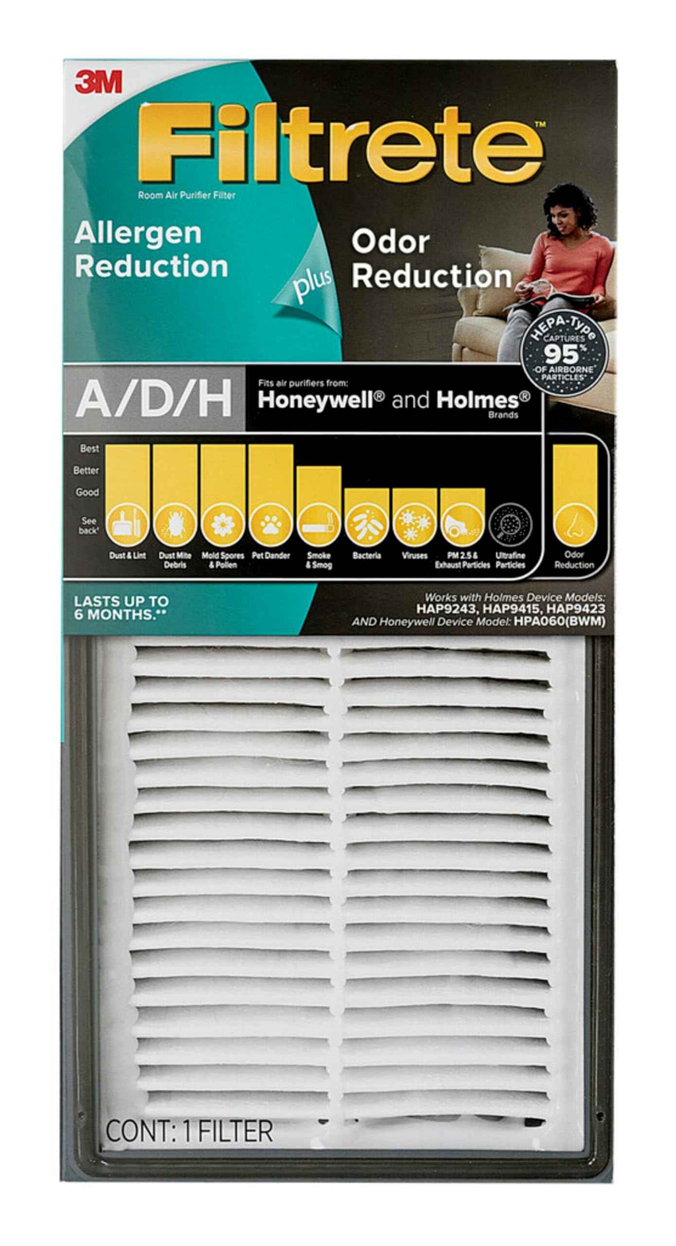 Filtrete™ Allergen Reduction + Odor Reduction HEPA-Type Room Air Purifier Filter, FAPF-HM-AO, 1 Pack