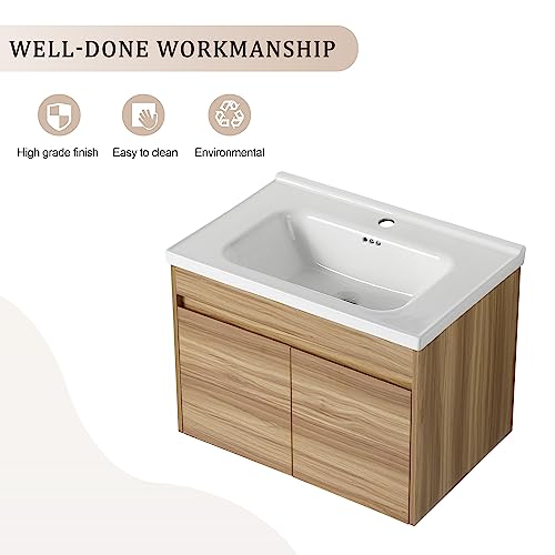 Sybrioka Floating Bathroom Vanity with Ceramic Sink, 28 Inch Modern Vanity Cabinet Wall Mounted, Bath Storage Cabinet Vanity Set with Wood Door