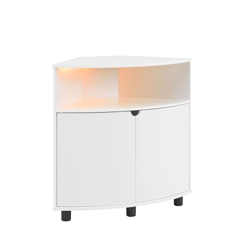 HOMES: Inside + Out Berg Modern 31-inch 16 Colors LED Corner Cabinet with Doors and 2 Shelves, USB Charge Cord, Small TV Stand for Living Room, Home Office, White Pure