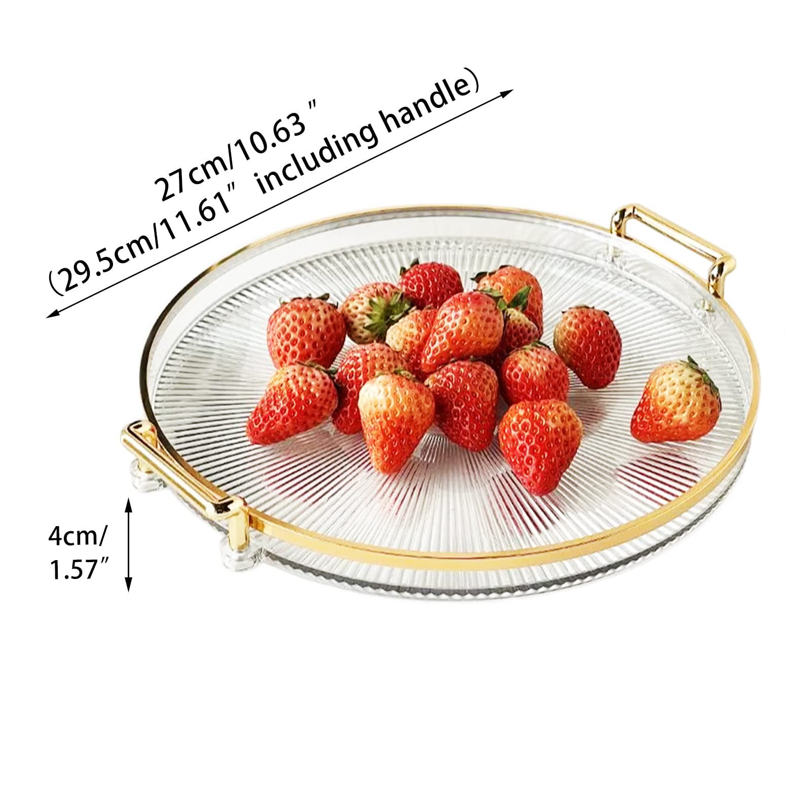 IWANGDS Round Serving Tray with Golden Handles and Golden Rim Border, Decorative Plastic Serving Tray for Living Room, Bathroom, Kitchen | Tray Decor for Party, Coffee Table, Display 10.63" (Amber)