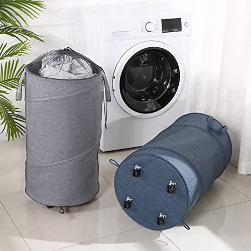 Viviphanhy Collapsible Laundry Baskets Dorm Pop Up Laundry Hamper Oxford Cloth Cylinder With Wheels Handles (Blue)