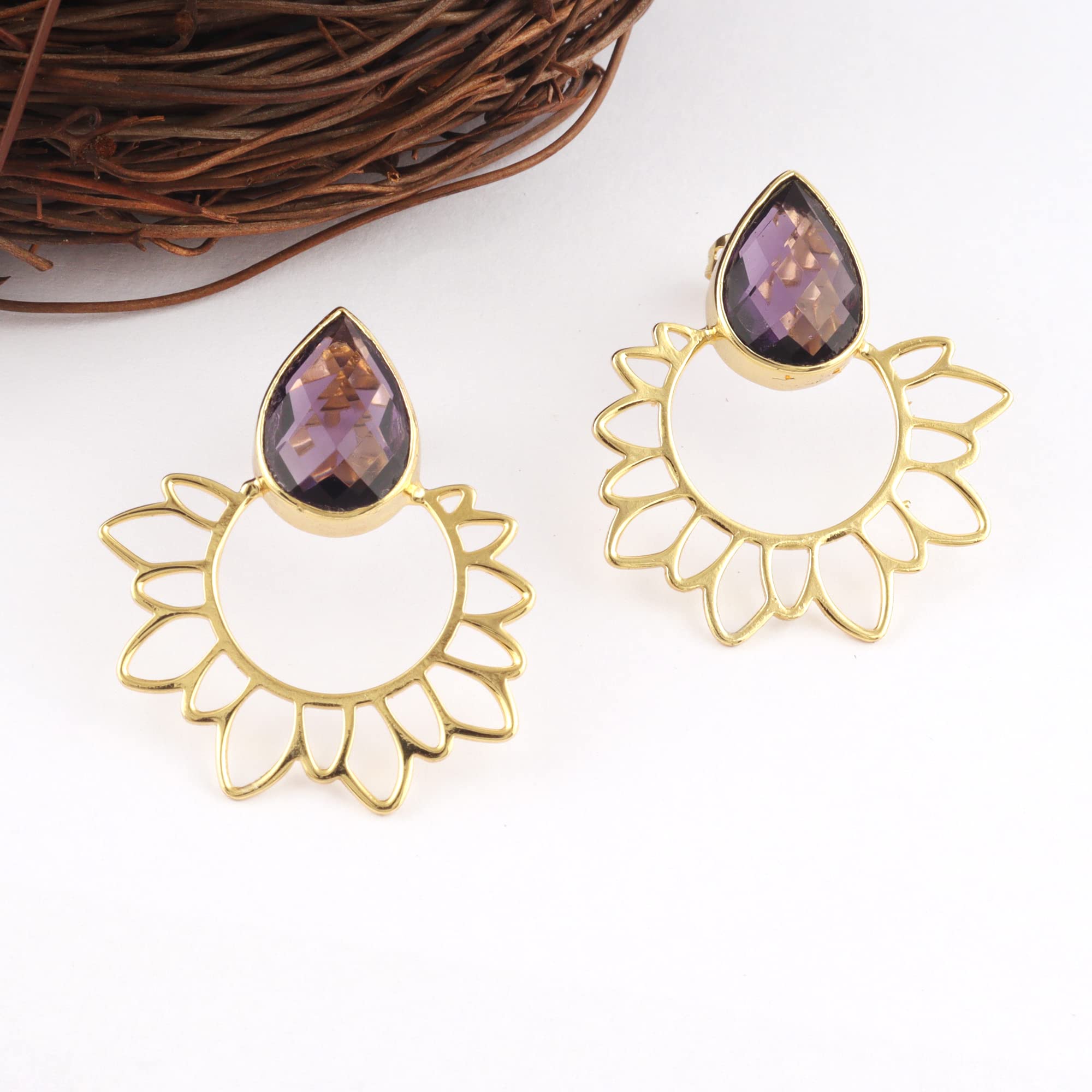 Guntaas Gems Checker Cut Purple Amethyst Quartz Brass Gold Plated Designer Flower Shape Hoop Bali Earrings Mother Day Gift