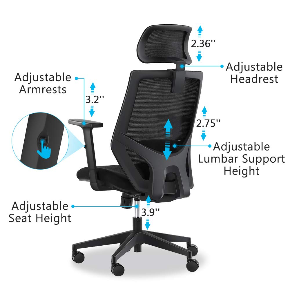Ergonomic Office Chair, Mesh Chair with Lumbar Support, Tribesigns High Back Desk Computer Chair with Breathable Mesh, Thick Seat Cushion, Adjustable Armrest, Backrest and Headrest