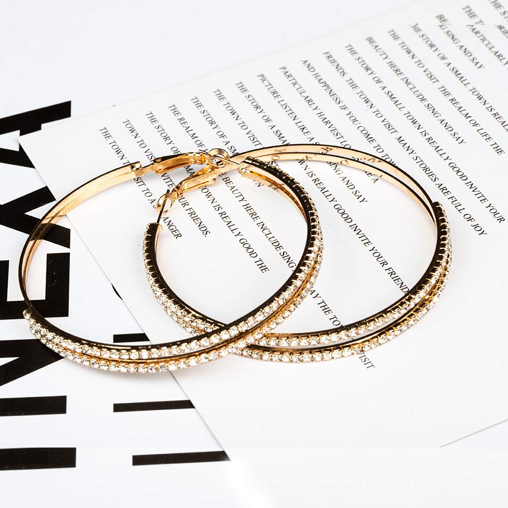 Extra Large Rhinestone Hoop Earrings – 2.67 Inch Oversized Big Huge Crystal Lightweight Hoop Earrings for Women (Gold)