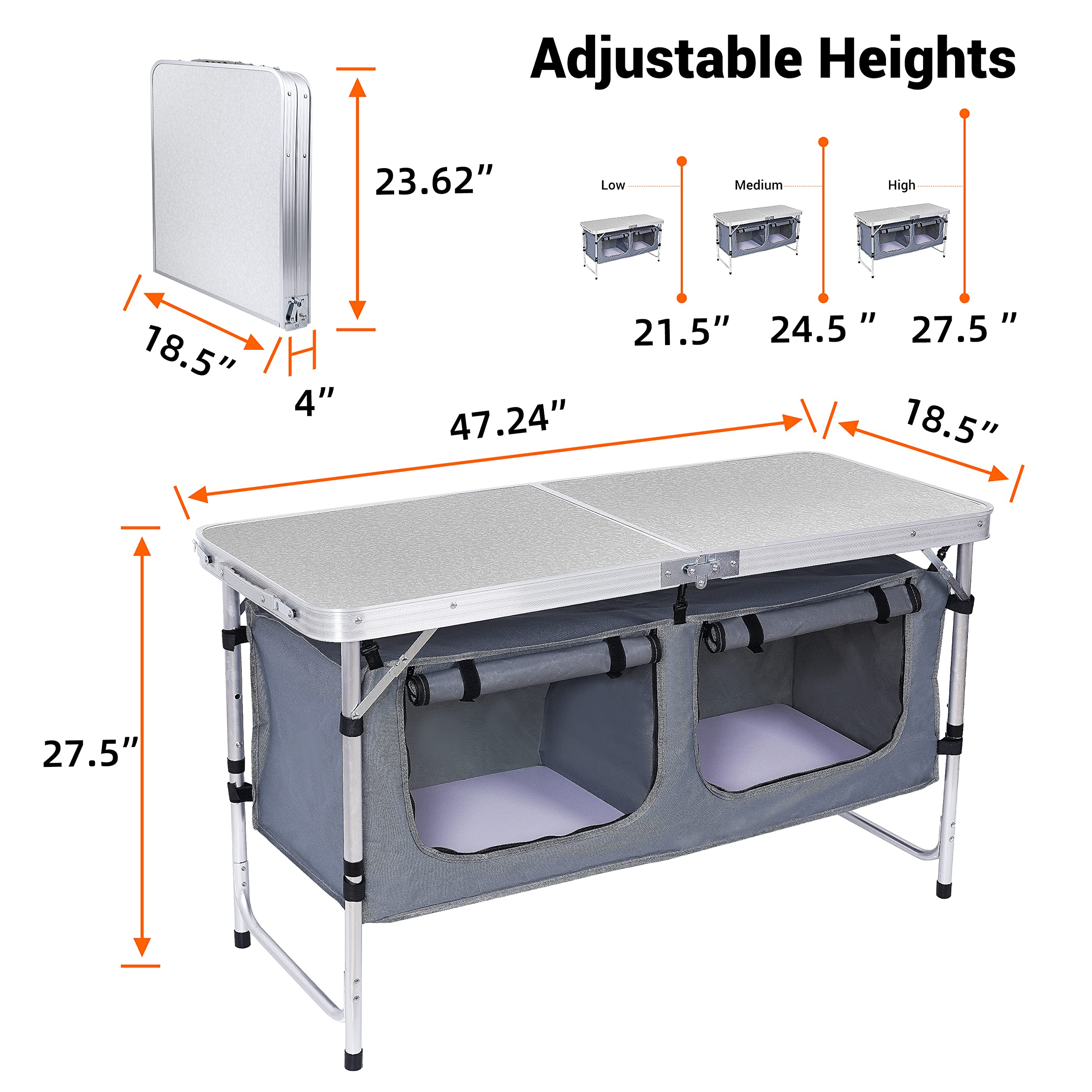 Funcode Folding Camping Table with storage,Portable,Adjustable,Lightweight for Indoor and Outdoor Picnic, Beach, Hiking, Travel, Fishing, BBQ（L）.