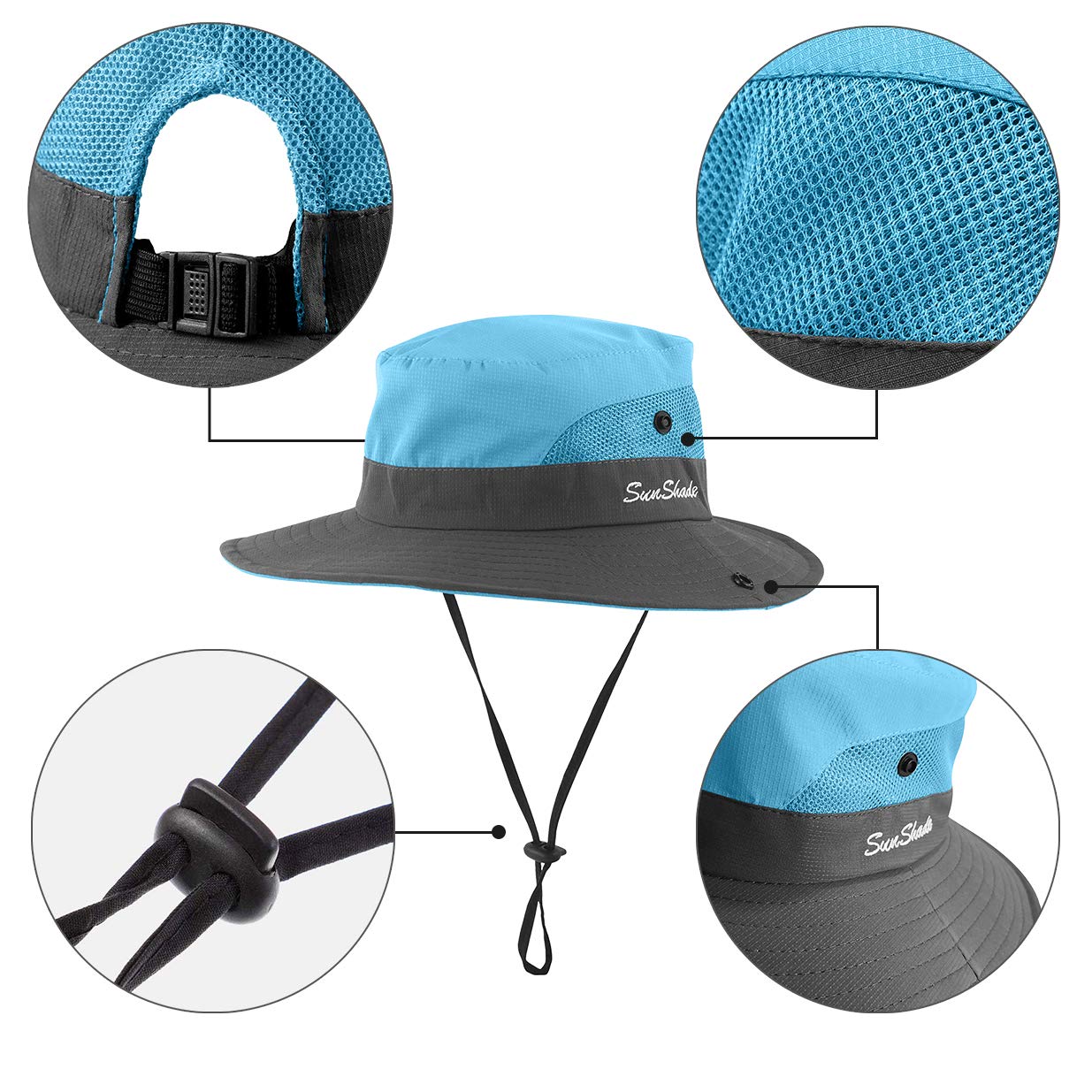 IYEBRAO 2 Pack Womens Ponytail Sun Hat UV Protection Bucket Hats Foldable Wide Brim Summer Boonie Beach Cap Fishing Hiking(Purple & Sky Blue)