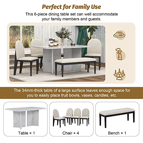 WOZNLA Room 6-Piece Modern Style Set-Faux Marble Table with 4 Upholstered Dining Chairs & 1 Bench-Contemporary White Design for Family Kitchen