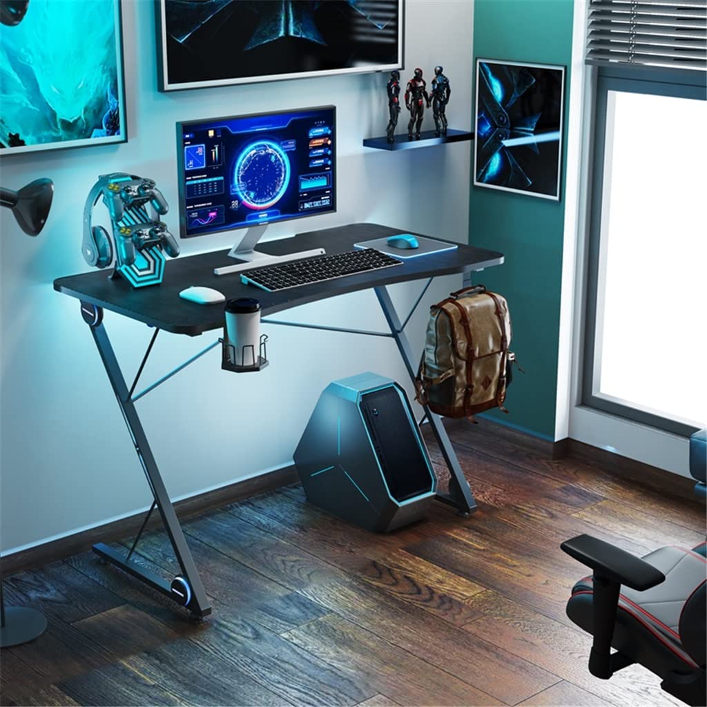 DHTDVD Gaming Desk, E-Sport Gamer Workstation with LED Lights & Large Carbon Fiber Surface, Ergonomic PC Gaming