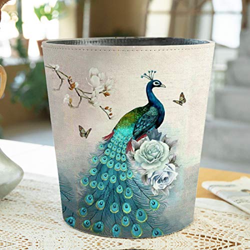 Scakbyer 10L/2.64 Gallon PU Leather Trash Can Peacock Decorative Waterproof Wastebasket Paper Basket Garbage Bin for Home Office Bathroom, Peacock Pattern