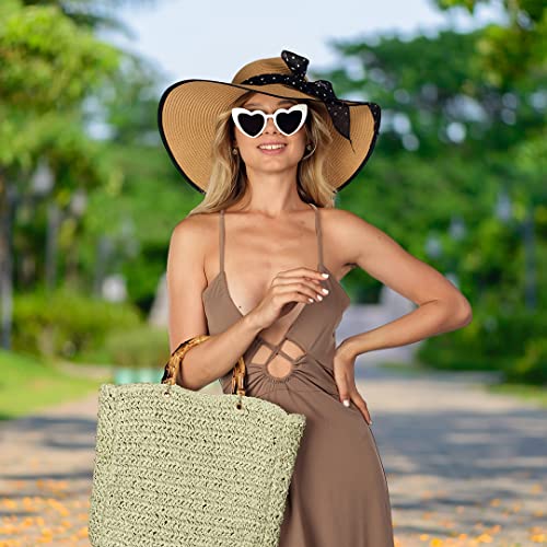 Funcredible Khaki Sun Hat for Women - Khaki Wide Brim Hat - Large Floppy Beach Hat - Straw Sun Hats with Bow and Heart Shape Glasses (Black Rim)