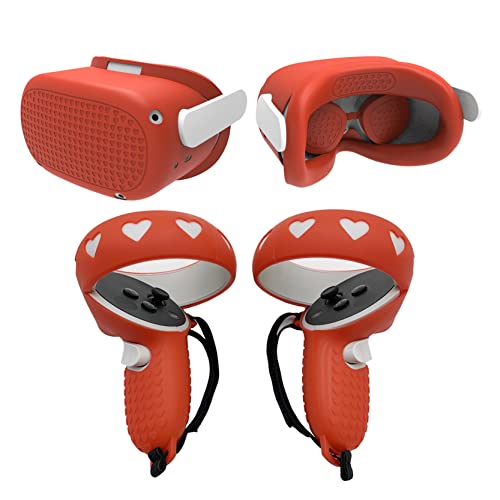 HEIXIAOYU VR Enclosure External Protective Cover For Oculus Quest 2 Accessories, Quest 2 VR Silicone Face Cover, VR Shell Cover,Quest 2 Touch Controller Grip Cover,Protective Lens Cover, (Red)