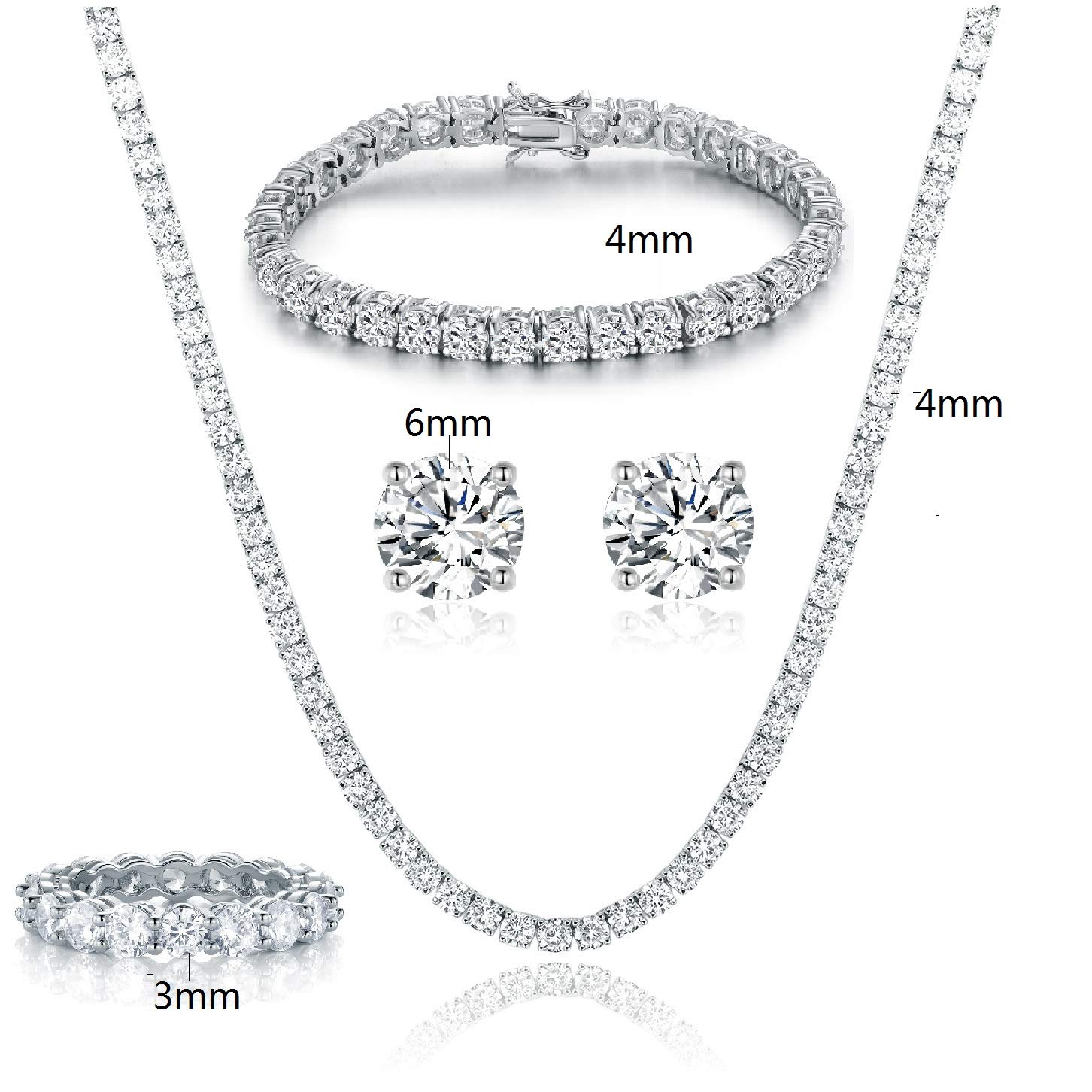 Gemsme 18K White Gold Plated Tennis Necklace/Bracelet/Earrings/Band Ring Sets Pack of 4 (7)