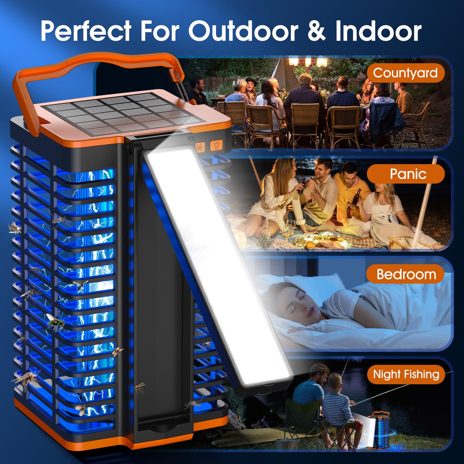 kiies Solar Bug Zapper Outdoor,2 in 1 Mosquito Zapper Cordless & Rechargeable, 4200V Portable Fly Zapper Insect Trap with Reading Lamp for Camping Patio Backyard Garden