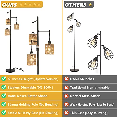 Stepeak Rattan Floor Lamp, 3-Lights Boho Floor Lamp with Stepless Dimmer, 65" Farmhouse Rustic Floor Lamps for Living Room, Tall Tree Floor Lamp with Rattan Shades, Dimmable Standing Lamp for Bedroom