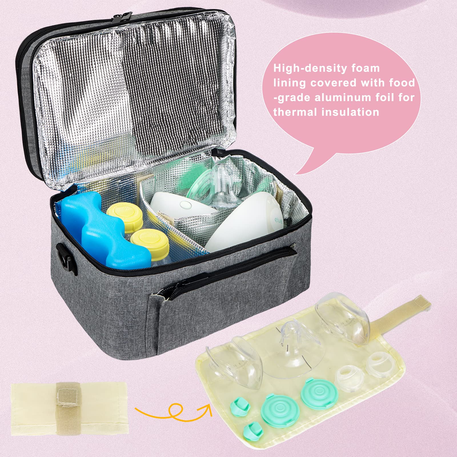 JIERIZSHI Wearable Breast Pump Bag with Bag Strap, Portable Breast Pump Storage Bag with Removable Dividers and Insulating Lining, Waterproof Mommy Bag for Breast Pumping