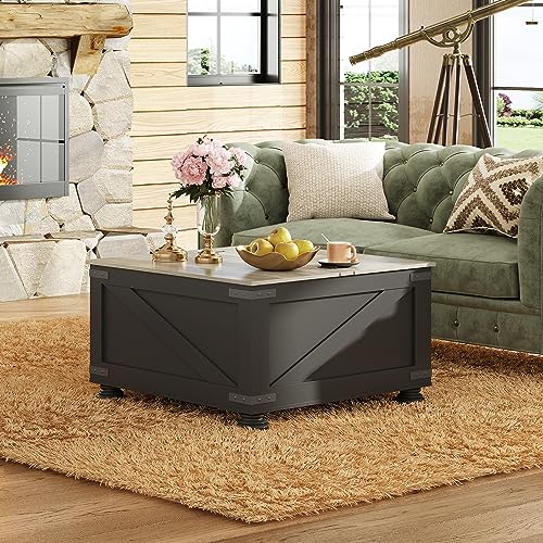 WLIVE Farmhouse Coffee Table,Square Wood Lift Top Coffee Table with Storage,Center Table for Living Room,Home Office,Black and Grey Oak