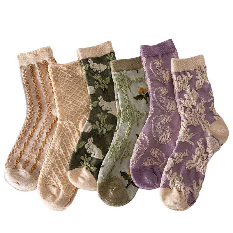 Flora Cottagecore Cute Fun Ankle Crew Socks Warm Cotton Socks for Women Girls Gift 5,6 or 10 Pairs(6Pairs – Mid-top Light Colors 06)