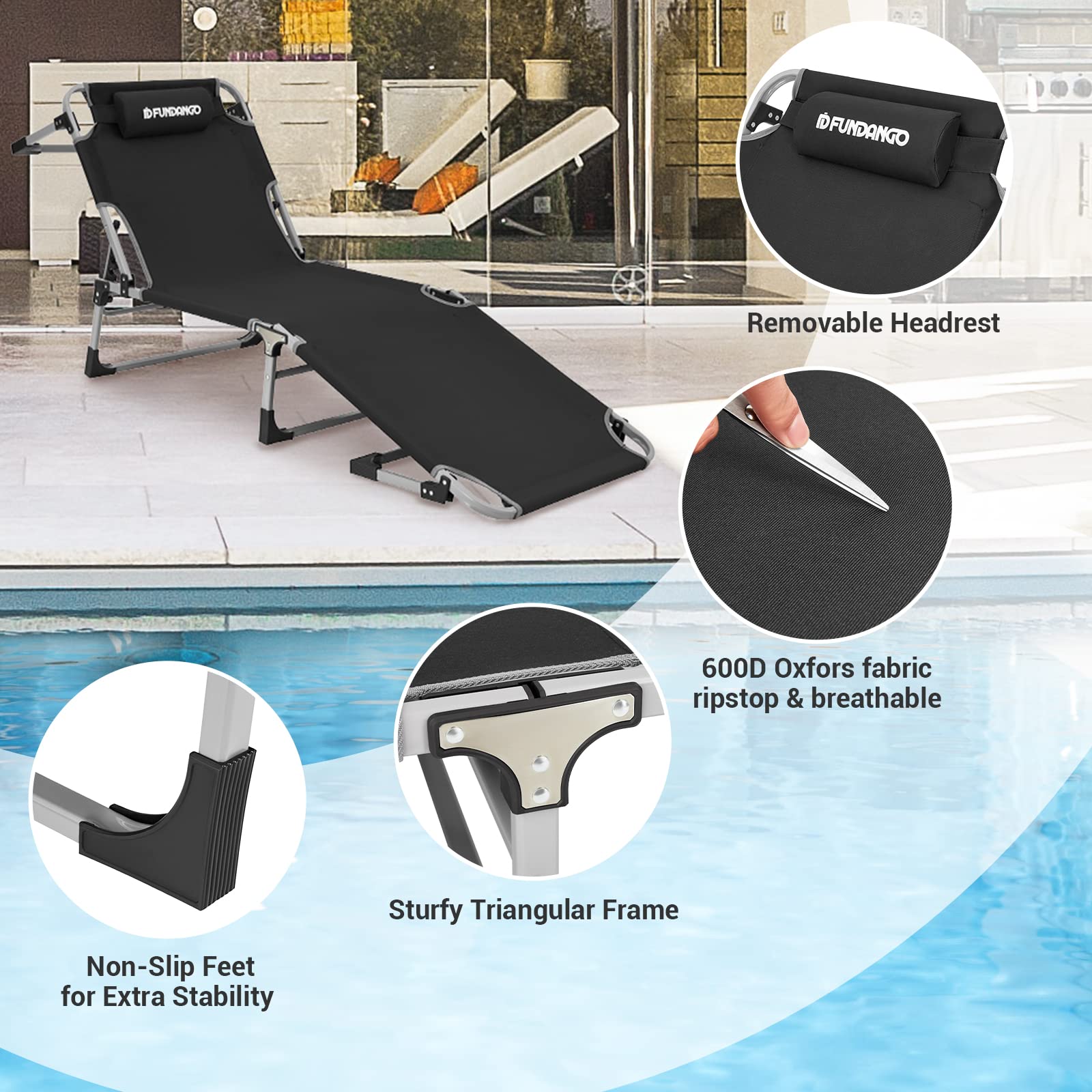 FUNDANGO Folding Chaise Lounge Chair with Pillow, Widen 4-Fold Portable Adjustable Camping Reclining Chair, Black for Outdoor, Lawn, Patio, Beach, 2 Pack