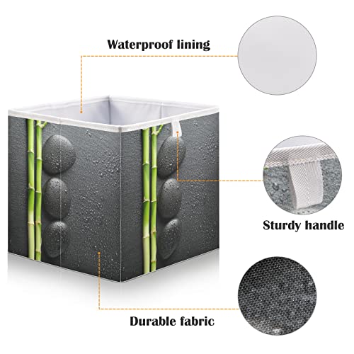 Poeticcity Black Zen Basalt Stones with Dew Green Bamboo on Dark Square Storage Basket Bin, Collapsible Storage Box, Foldable Nursery Baskets Organizer for Toy, Clothes Easy to Assemble