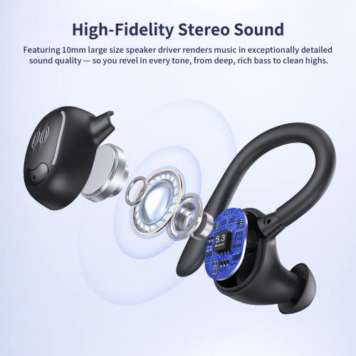 PSIER Wireless Earbuds Bluetooth Headphones 50H Playtime Ear Buds 5.3 Dual Power Display Sports with Earhooks IPX7 Waterproof Mic Over-Ear Earphones for Running, Gym