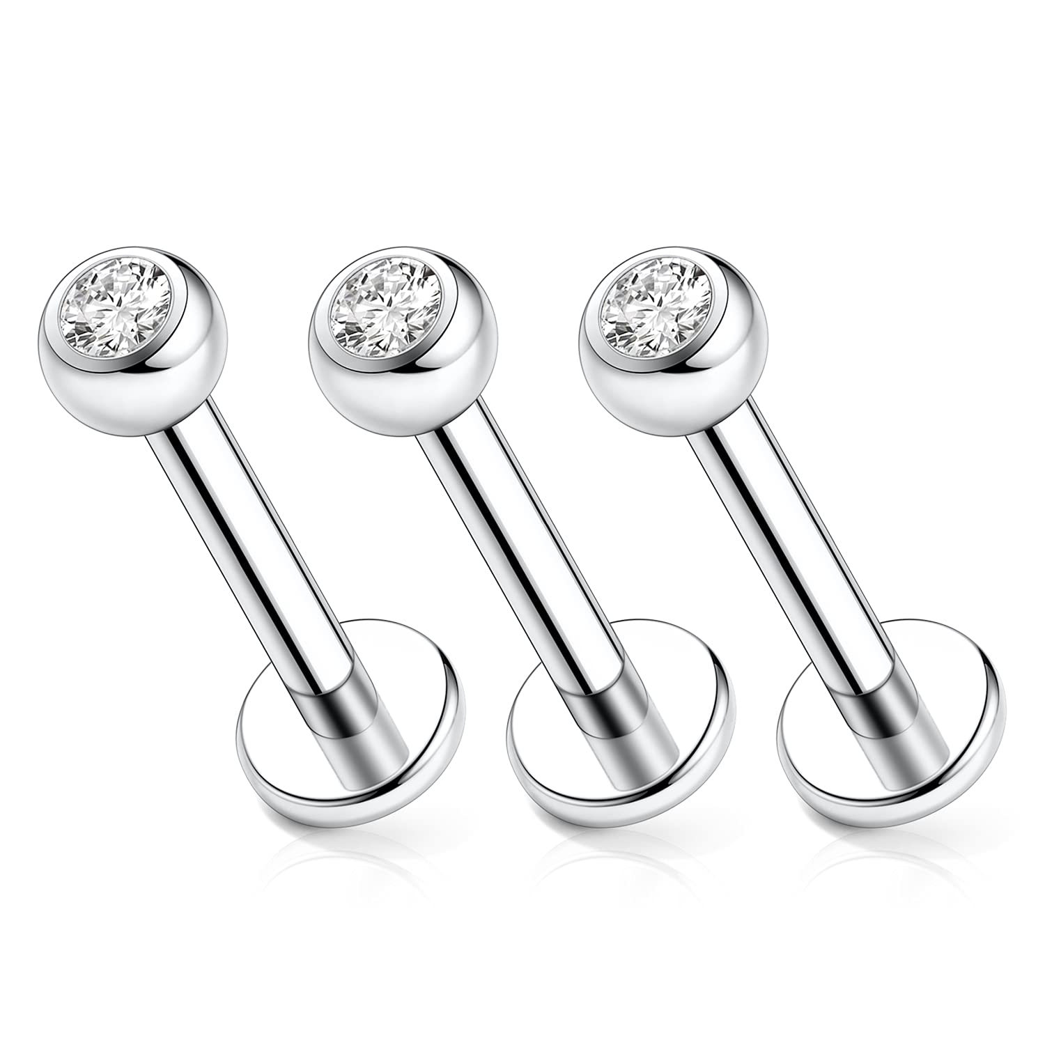 GAGABODY Labret Studs18g G23 Titanium Lip Piercing Jewelry 2mm Clear CZ Internally Threaded Labret Helix Cartilage Tragus Monroe 6mm Lip Studs Earring Piercing Silver