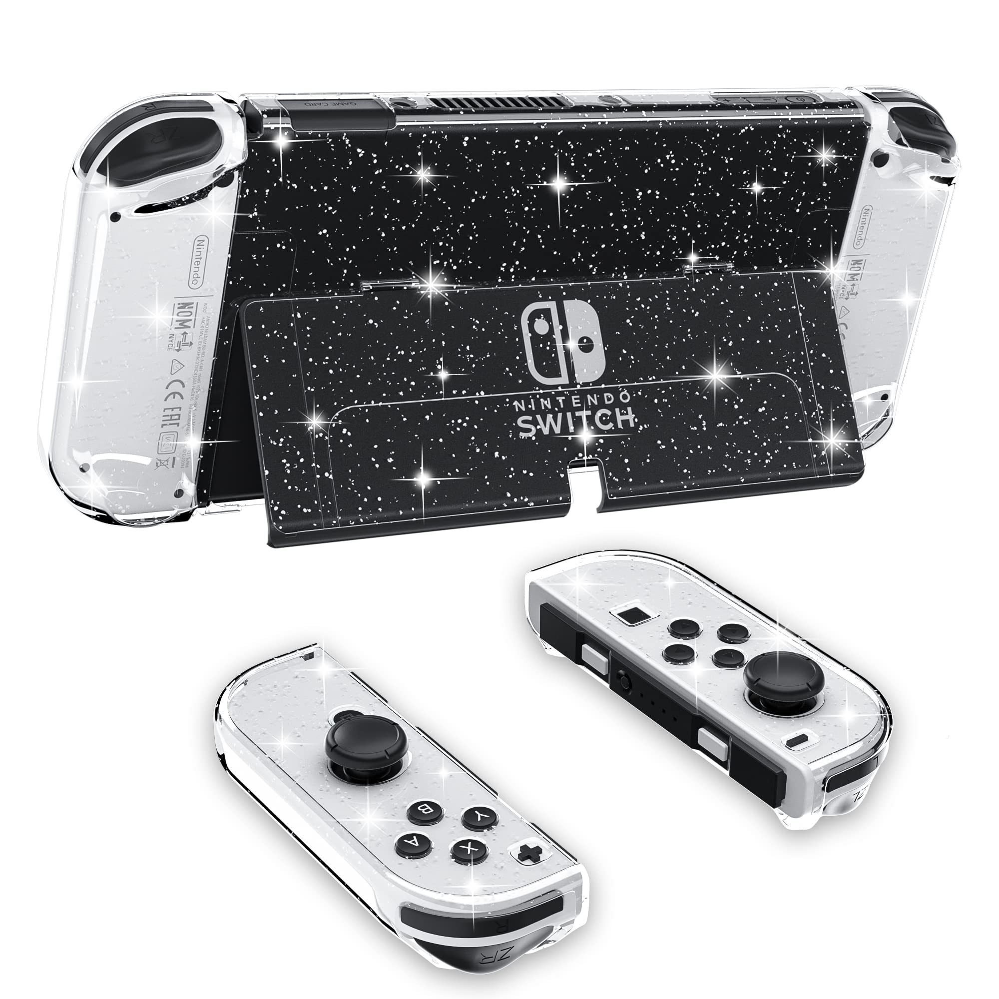 FUNDIARY Glitter Clear Case Compatible with Nintendo Switch OLED, Dockable Protective Cover for Switch OLED and Joy Con Controller, Hard PC Shell with Crystal Sparkly Design