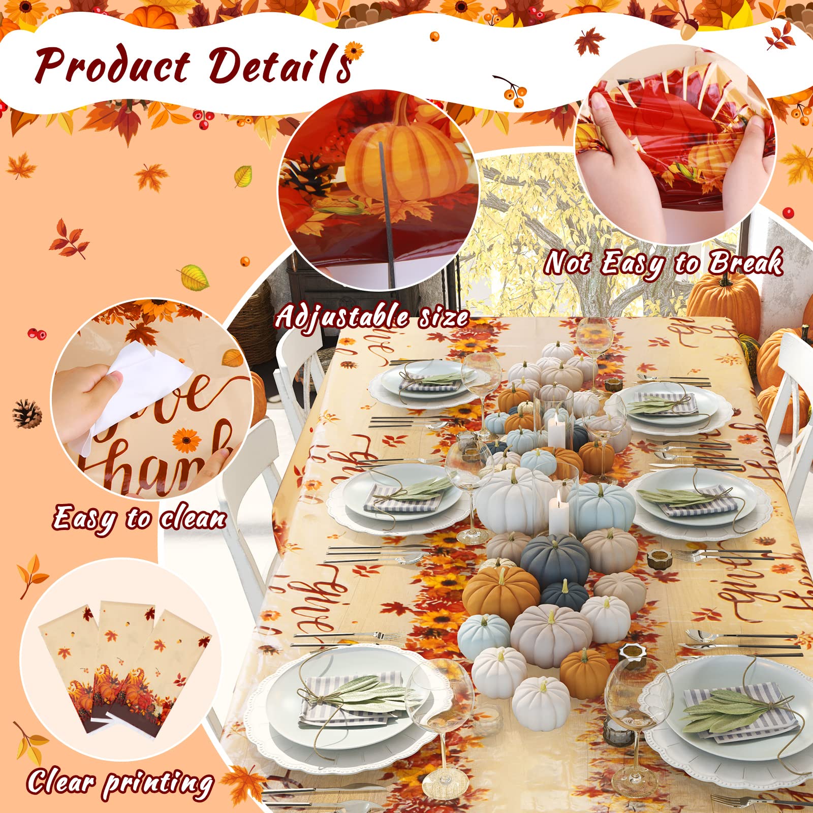 Piklodo 6Pcs Thanksgiving Tablecloth Plastic Fall Table Cover Turkey Disposable Give Thanks Table Cloth Harvest Rectangle Tablecover for Thanksgiving Harvest Party Picnic Table Decor, 54 x 108 Inch