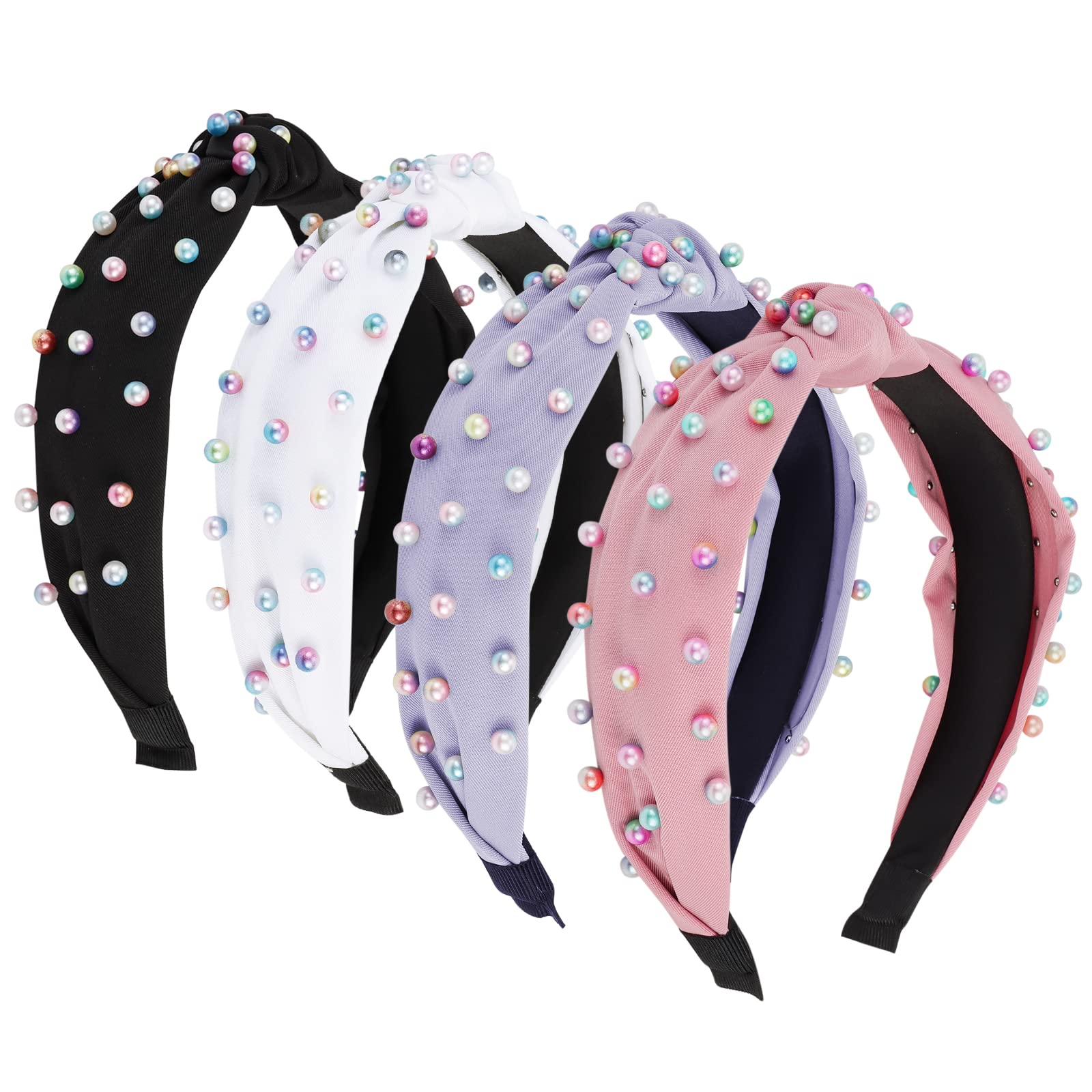 Jaciya Headbands for Women 4 Pack Pearl Headbands for Girls Knotted Headband for Women Colorful Beaded Headband Knot Turban Hair Accessories
