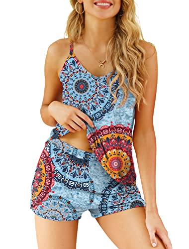 POKWAI Pjs for Women Summer Pajama Sets Shorts Soft Comfy Cooling Cami Pajamas Ladies Pajamas(Flower Multiple Blue,Medium)