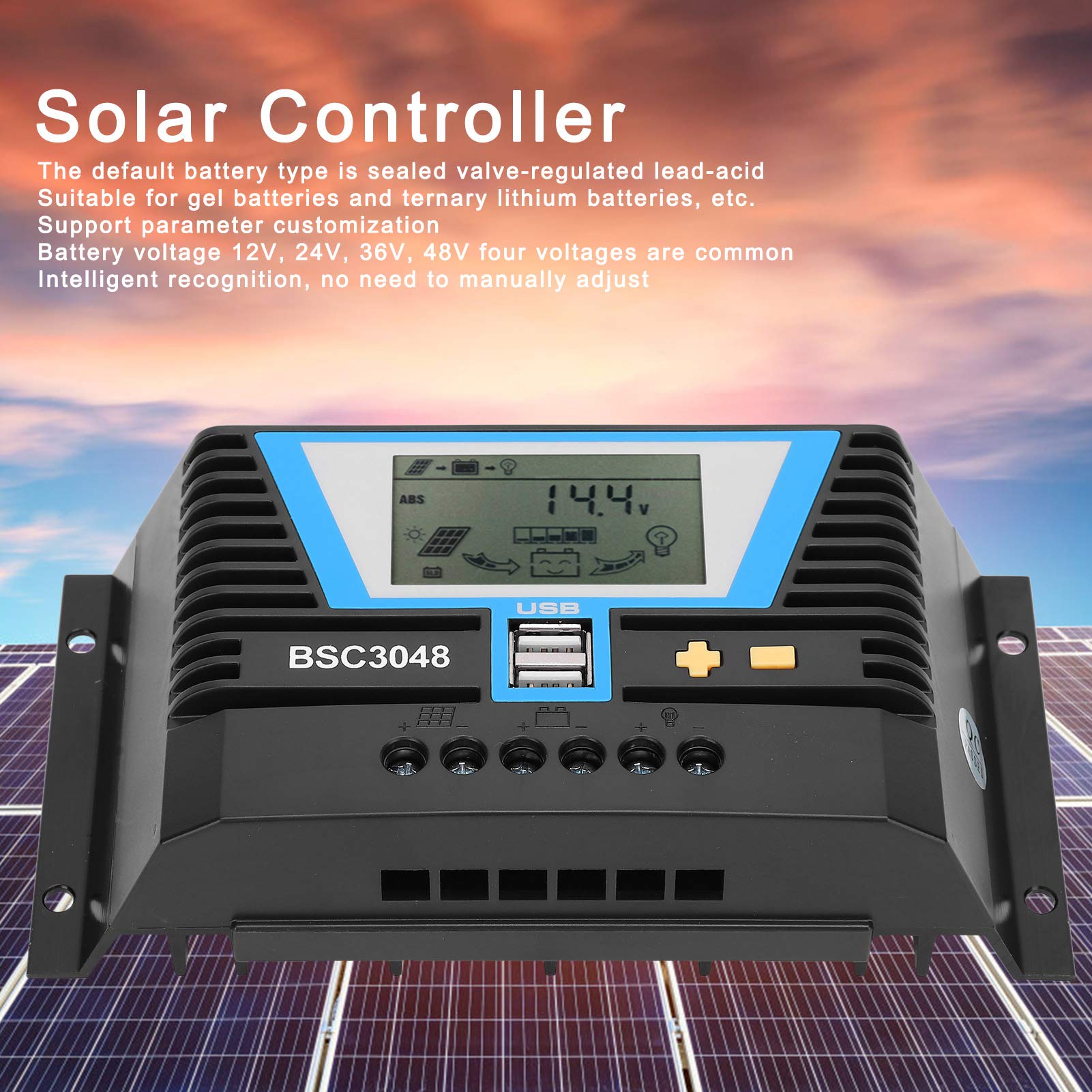 Hilitand BSC3048 30A Solar Battery Controller, 12V / 24V / 36V / 48V Energy Saving Controller, Suitable for Sealed Valve Regulated Acid Batteries, Gel Batteries, Liquid Acid Batteries